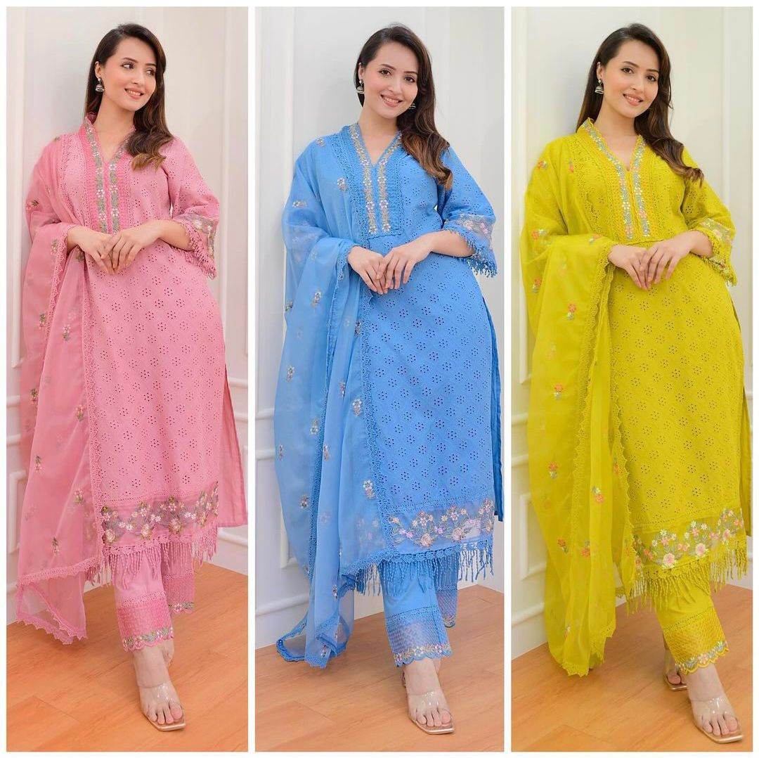 Heavy Afghani Cotton chikan suit set paired with organza dupatta – Eraya